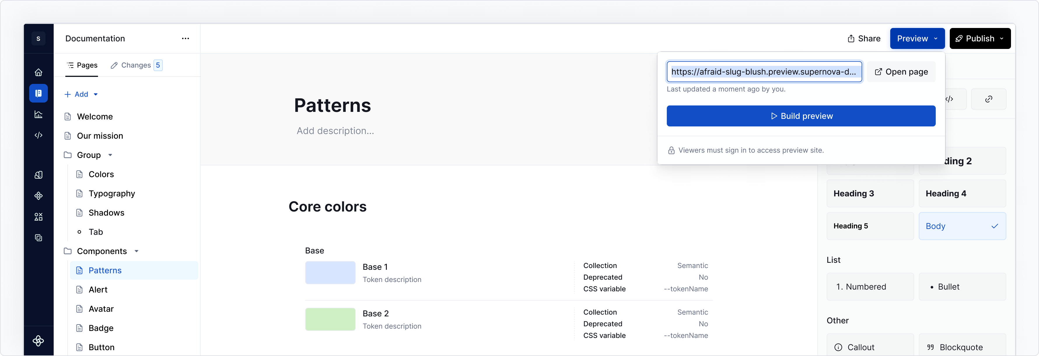 Preview and publish documentation | Made with Supernova