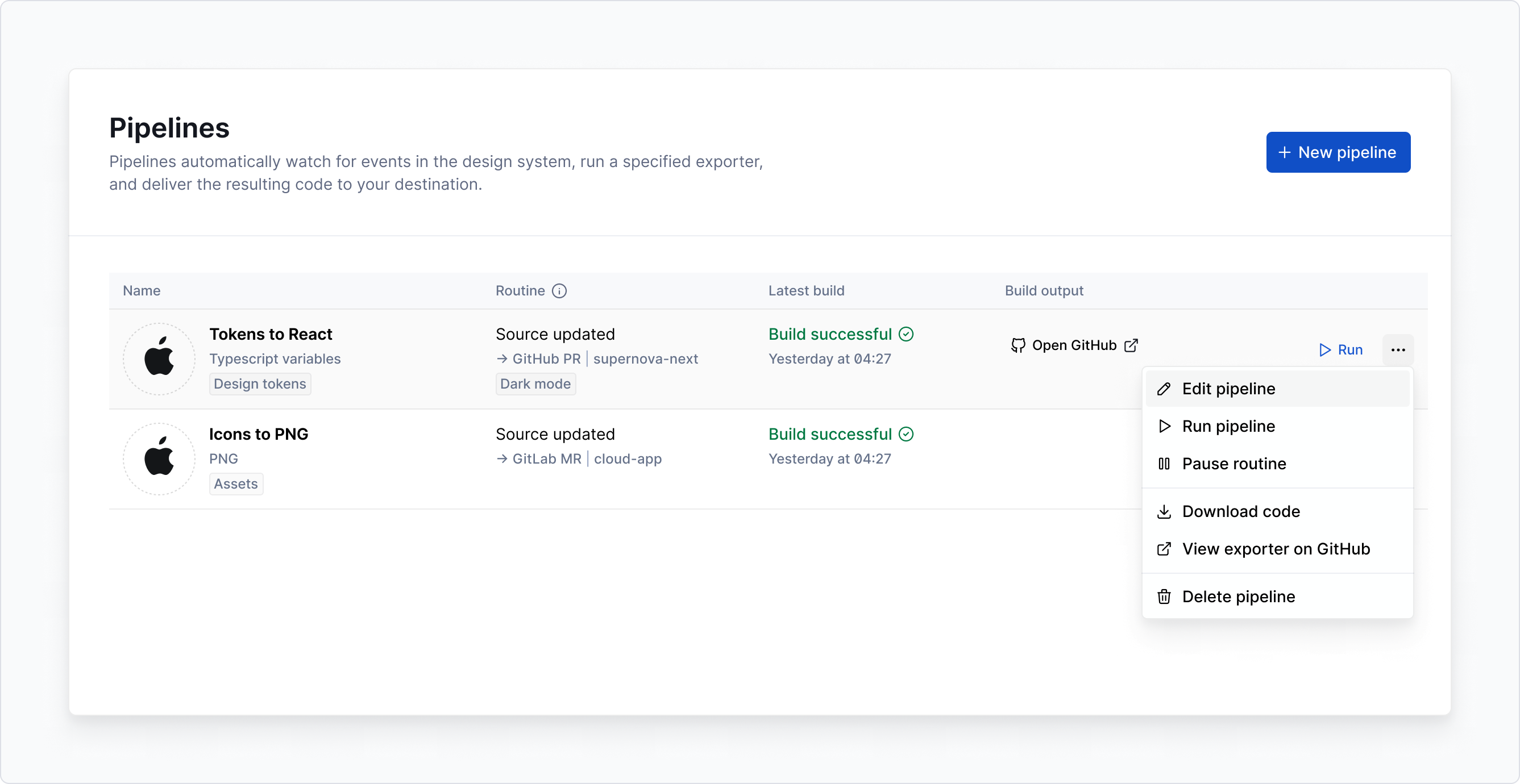 Create a pipeline | Creating code pipelines | Made with Supernova