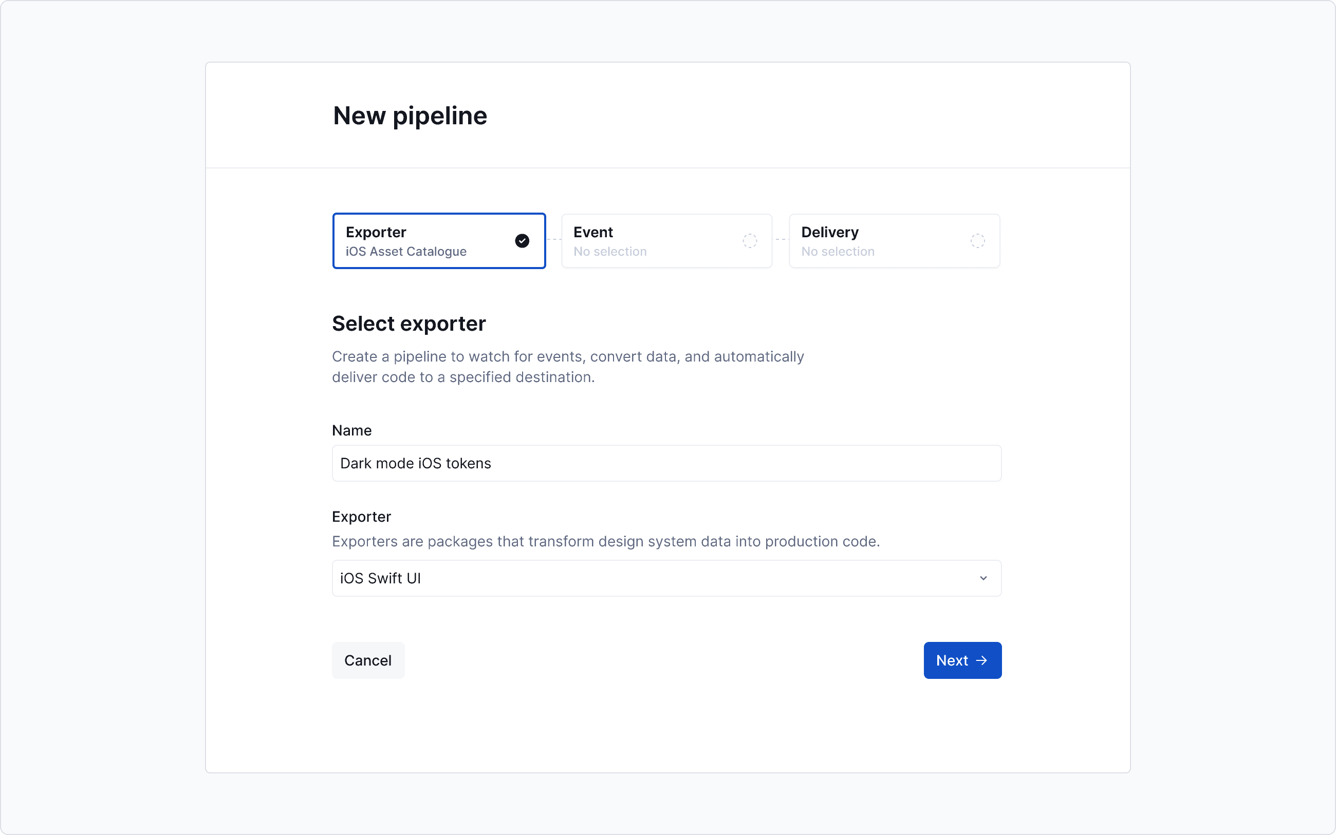 Create a pipeline | Creating code pipelines | Made with Supernova