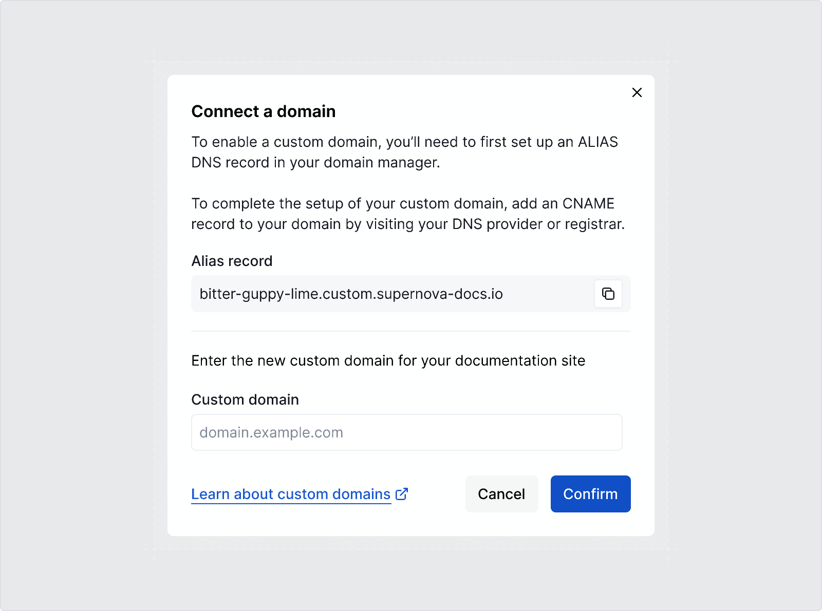 Add a custom domain | Domain and privacy | Made with Supernova